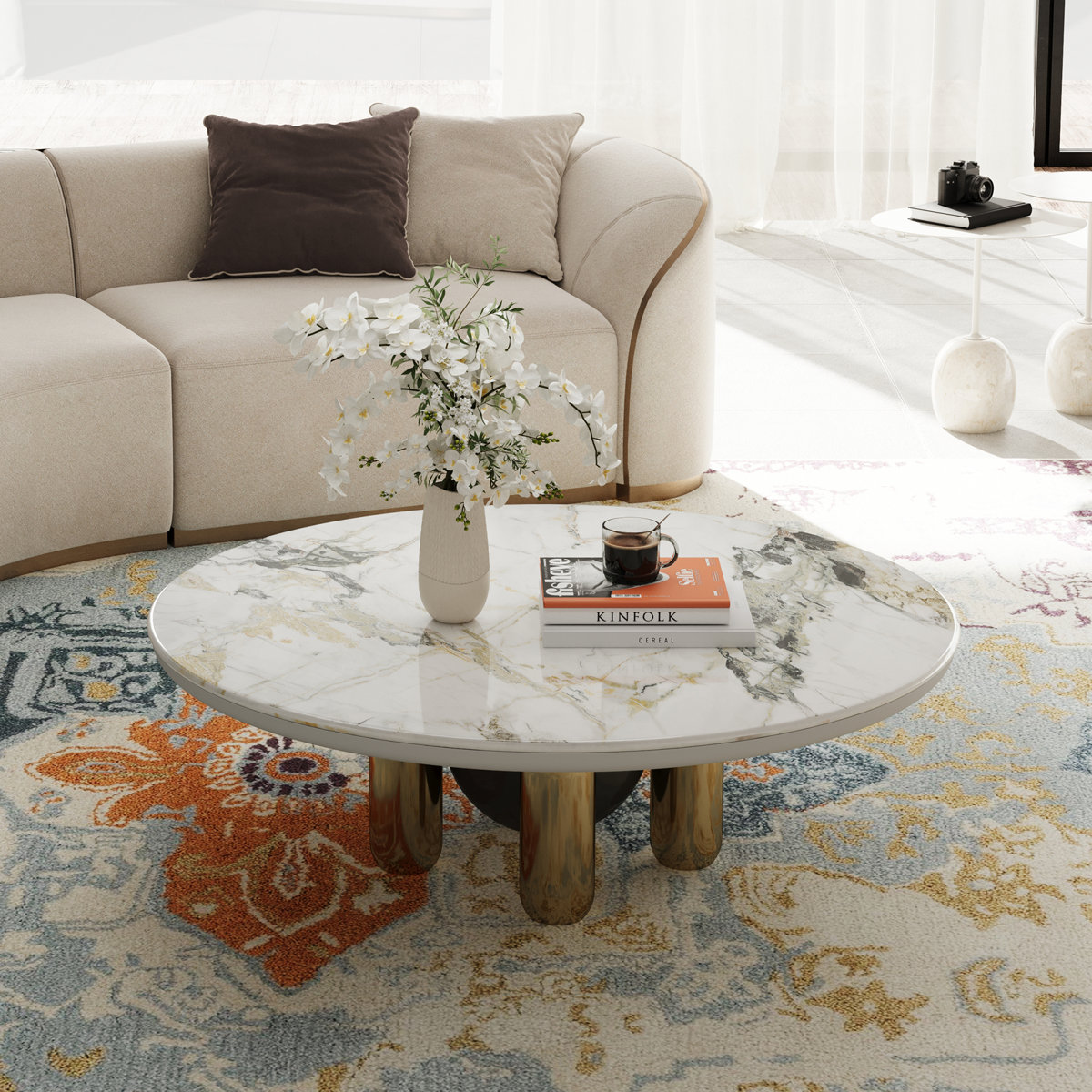 Everly Quinn 39" Round Metal and Stone Coffee Table with Hemisphere Base, Modern Luxury Design ...